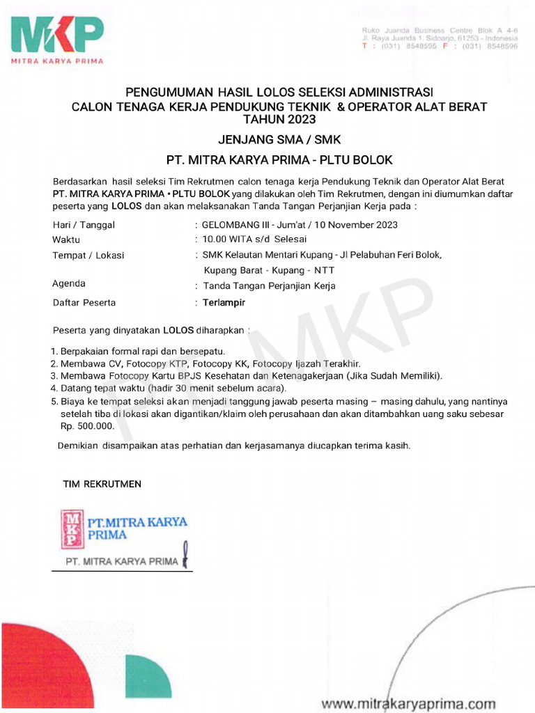 Pengumuman Lolos Administrasi PT - MKP Pltu Bolok Gelombang Ii | PDF