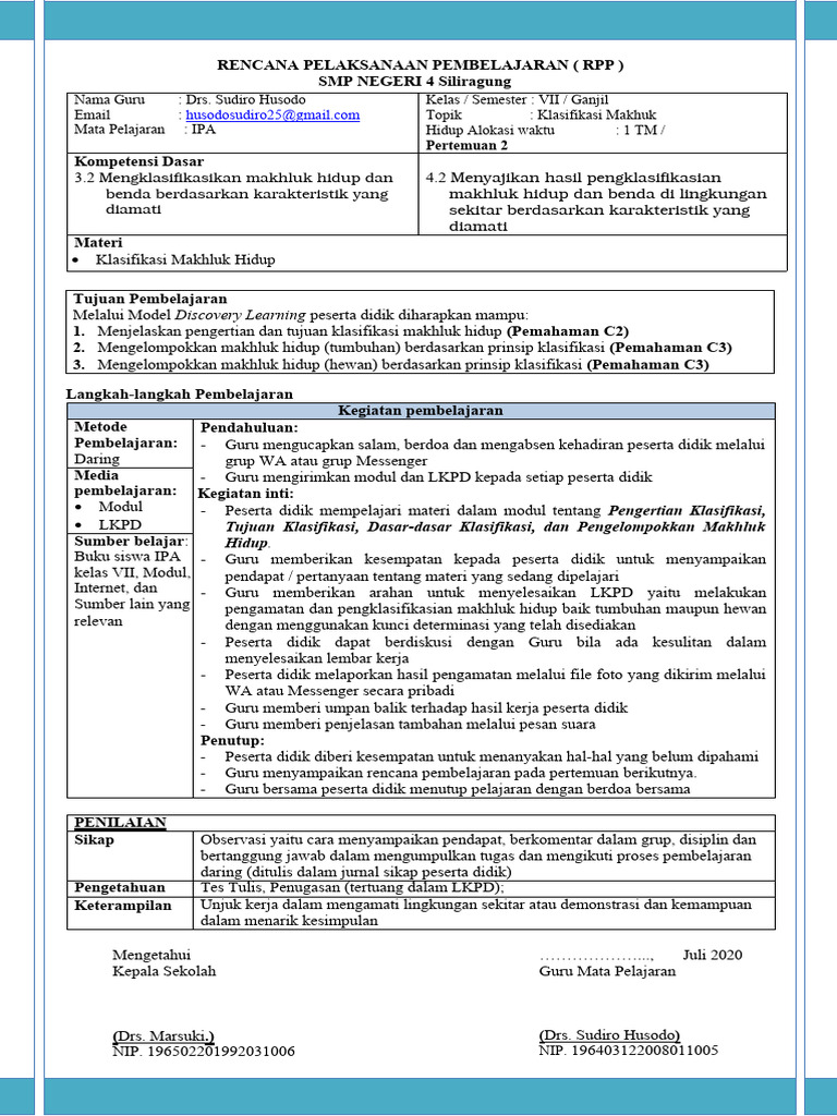 RPP DARING KLASIFIKASI MH PART 2 KLS 7 Fix | PDF