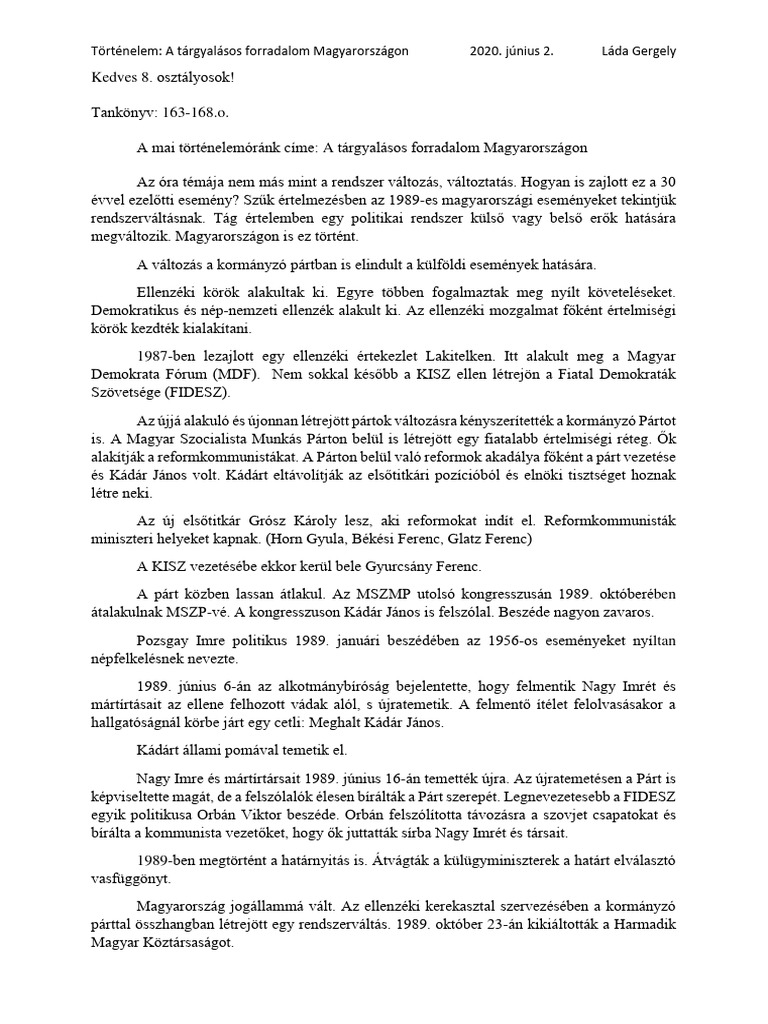 Rendszerváltozás 8b | PDF