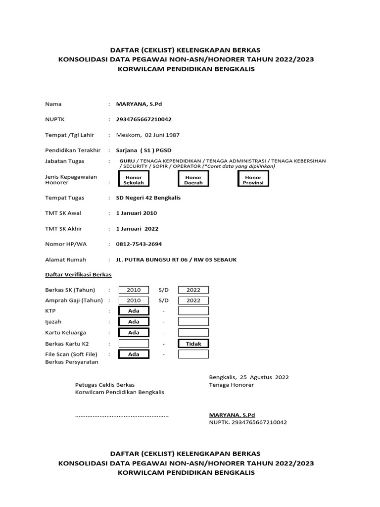 Lembar Ceklis Berkas Konsolidasi Data Honorer An. EPI | PDF