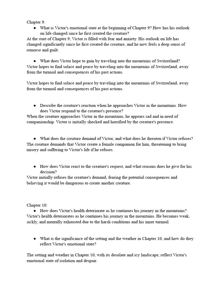 Chapter 9 - 10 Questions Frankenstein | PDF | Emotions | Psychology