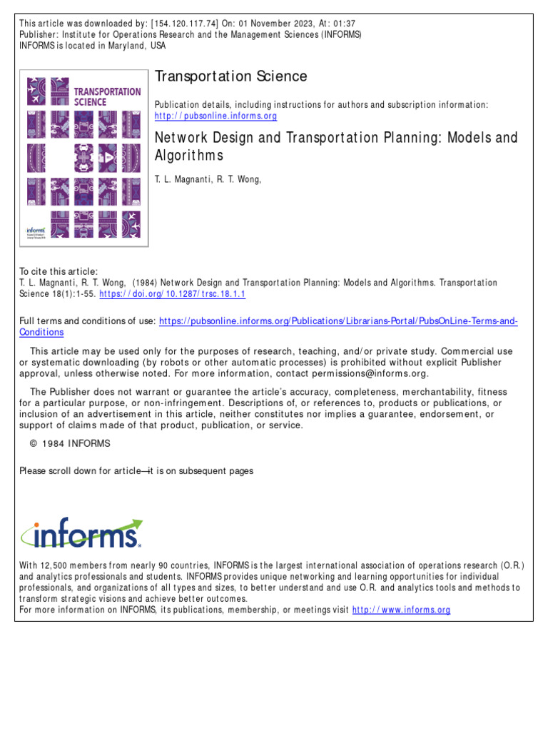 Magnanti Wong 1984 Network Design and Transportation Planning Models and Algorithms | Download ...