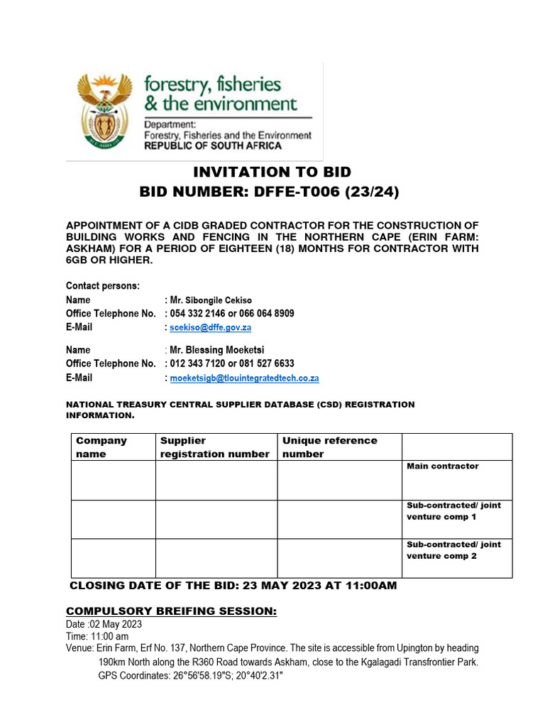 Invitation To Bid BID NUMBER: DFFE-T006 (23/24) | Download Free PDF | Employment | Procurement