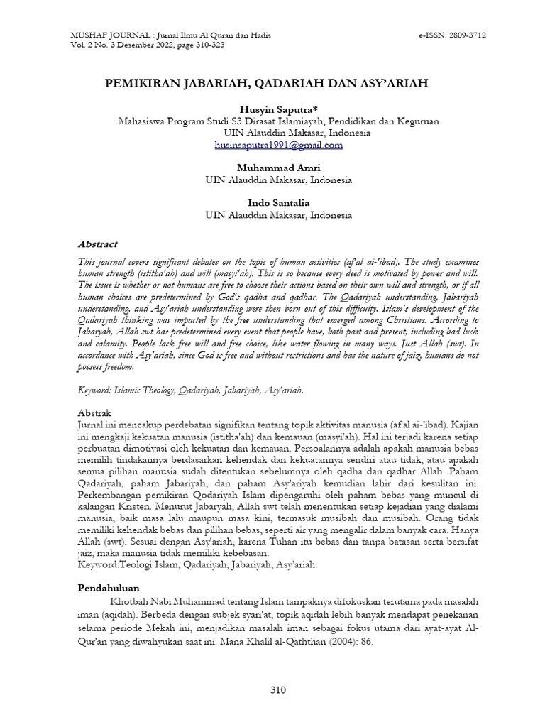 Pemikiran Jabariah Qadariah Dan Asyariah | PDF | Ilmu Sosial | Agama ...