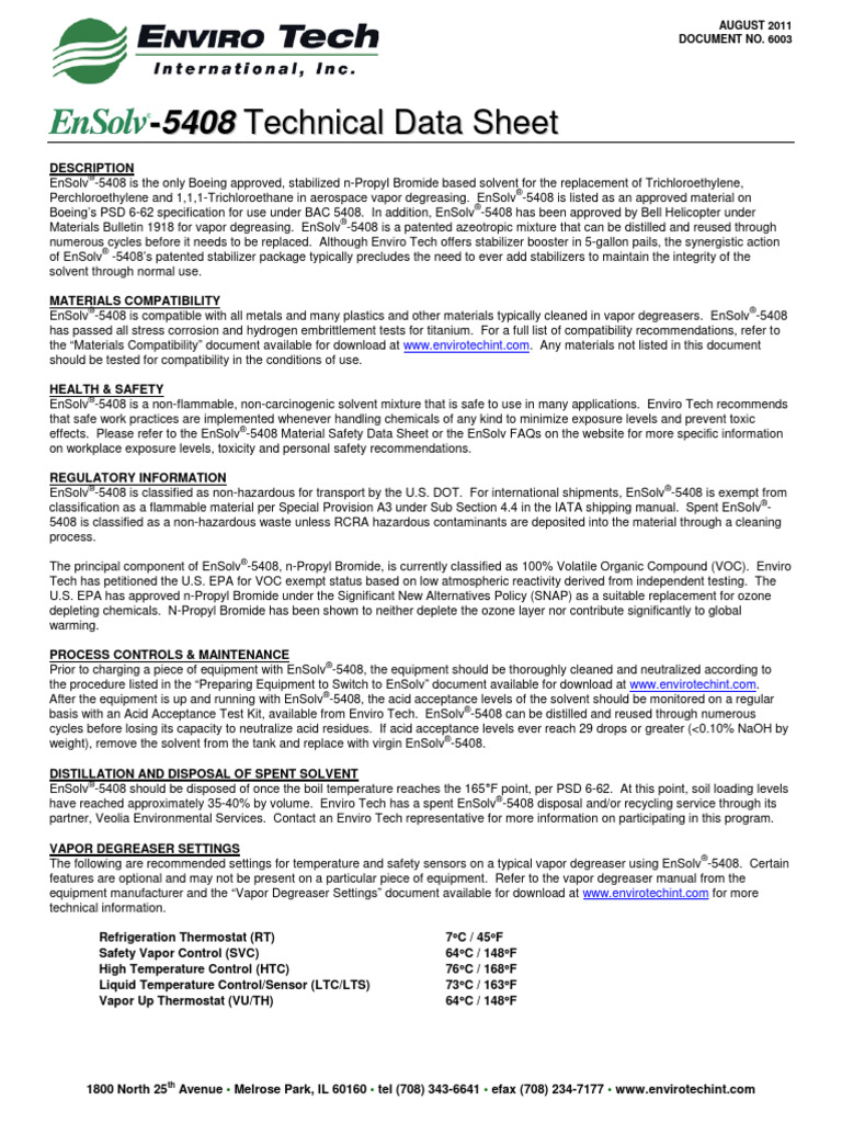 EnSolv 5408 Technical Data Sheet | PDF | Ozone | Waste