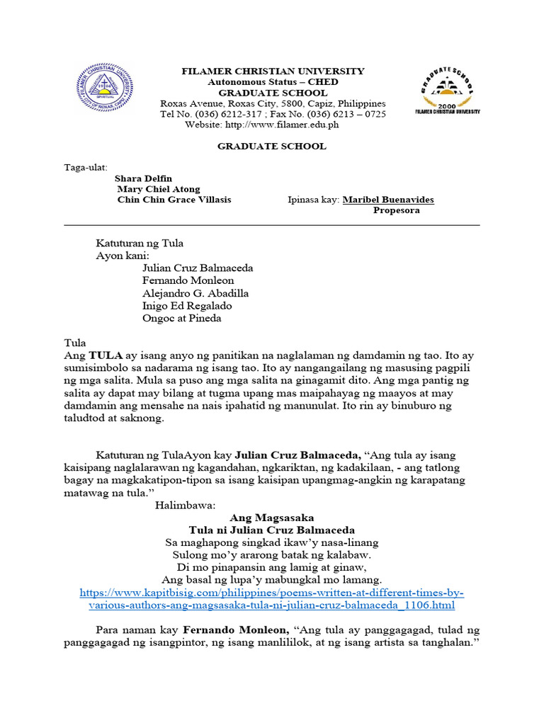 Katuturan NG Tula Shara Delfin Mary Chiel Atong Chin Chin Grace Villasis | PDF