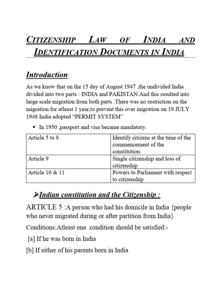 Citizenship Law of India and Identification Documents in India | PDF ...