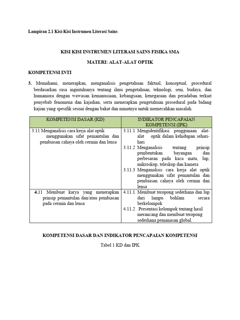 Kisi Kisi Instrumen Literasi Sains Optik | PDF