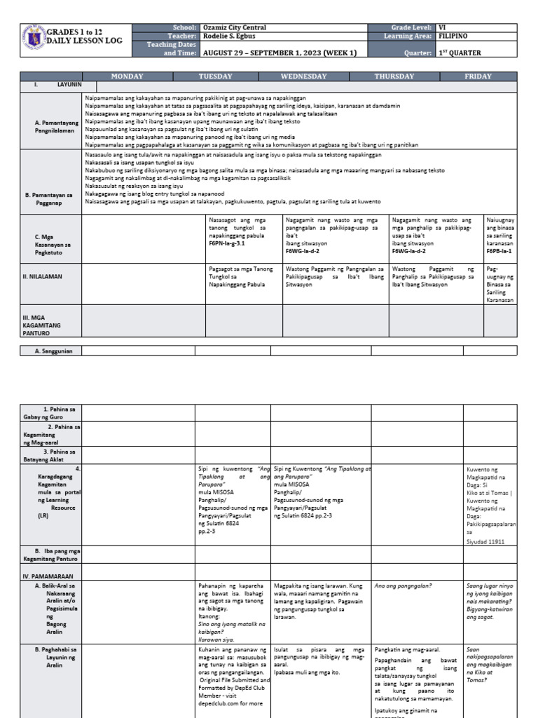DLL Filipino 6 q1 w1 | PDF