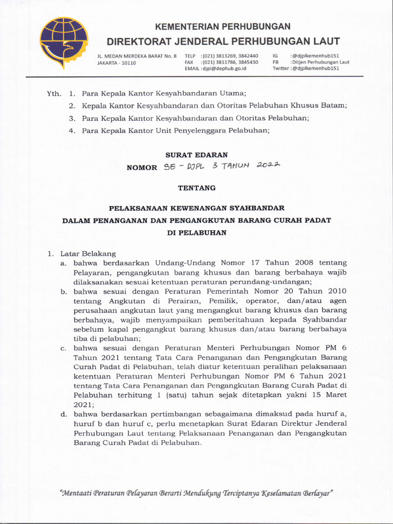 SE-DJPL 3 TAHUN 2022 TTG Pelaksanaan Keweangan Syahbandar DLM ...