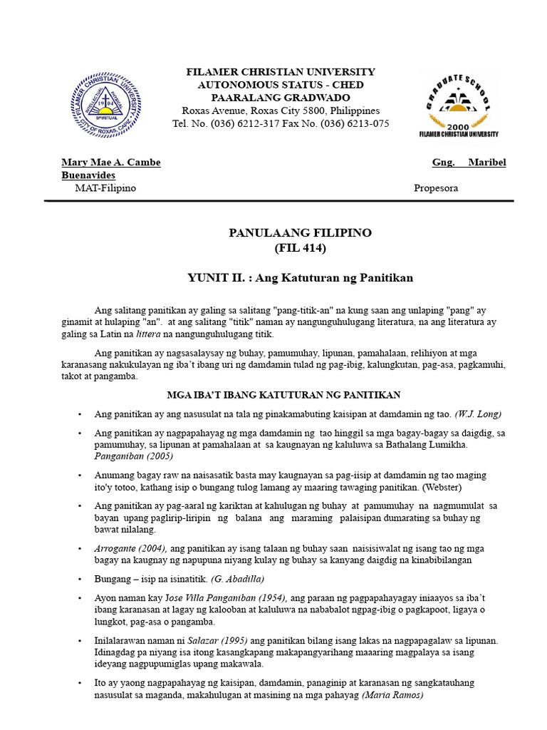 Fil 414 Yunit 2 Panitikan | PDF