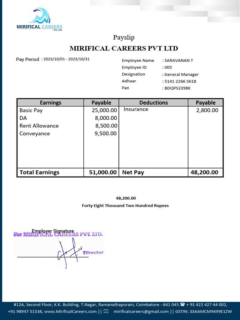 Saravanan Mirif Pay Slip Oct 2023 | PDF | Finance & Money Management