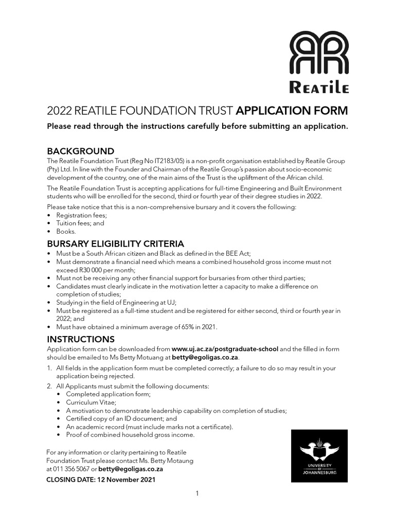 UJ Reatile Foundation Trust ApplicationFORM | PDF | Business | Law