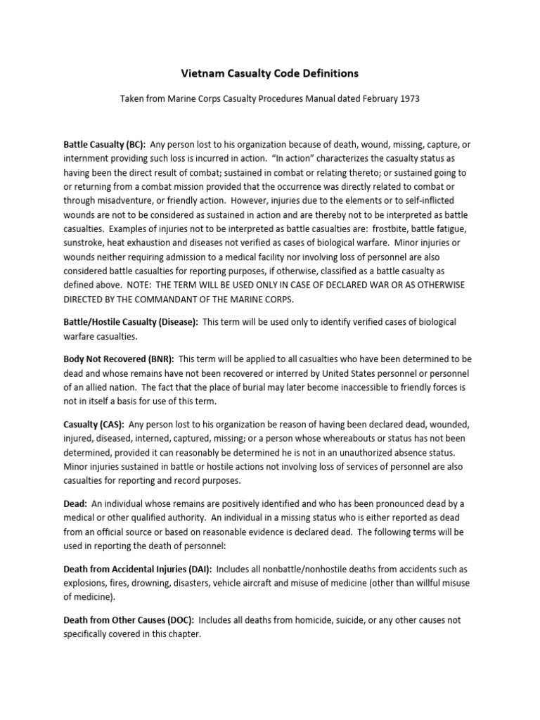 Vietnam Casualty Code Definitions | PDF | Casualty (Person) | Battles