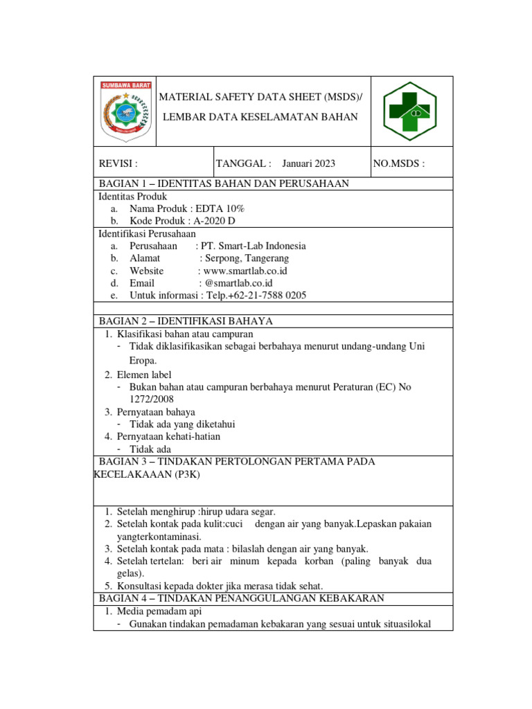 Msds Edta 10 | PDF | Kesehatan Holistik | Sains & Matematika