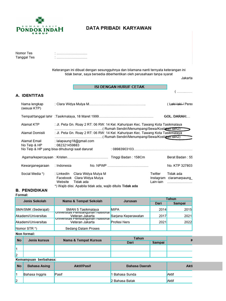 Form Biodata Pelamar RSPI (Clara Widya Mulya M) | PDF