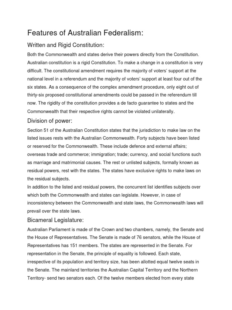 Features of Australia's Rigid Federalism | PDF | States And Territories ...
