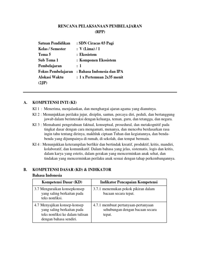 RPP Kelas V Tema 5 Subtema 2 Pembelajaran 1 | PDF