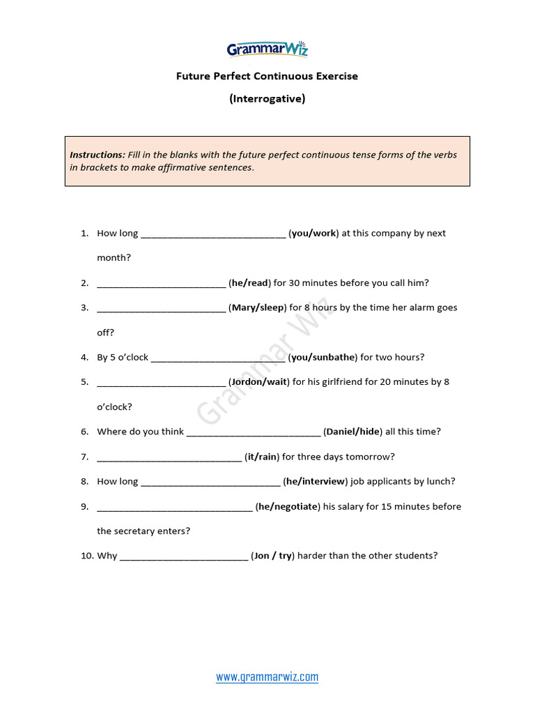 Future Perfect Continuous Exercises Interrogative | PDF