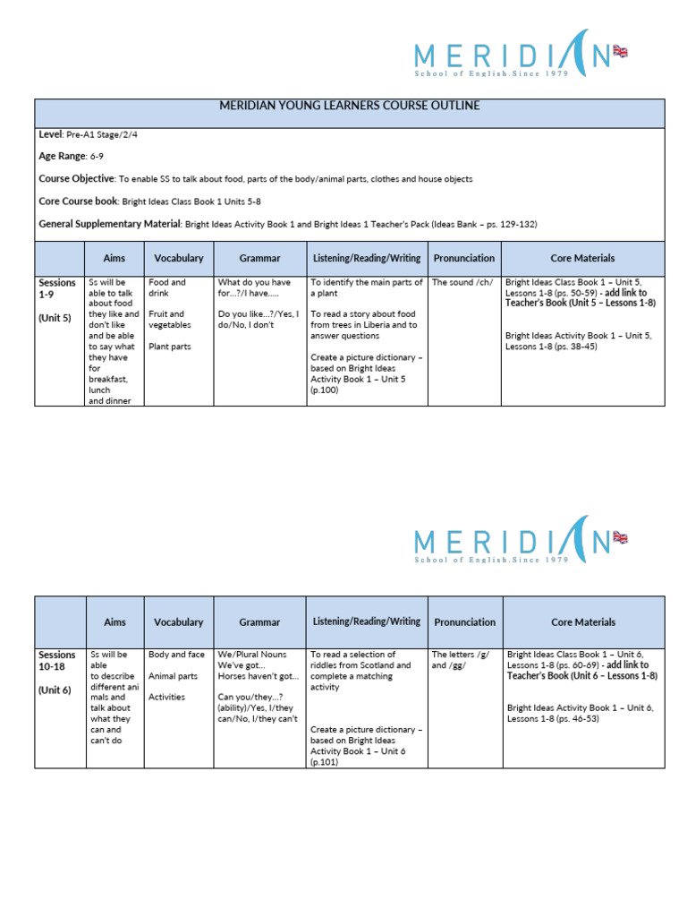 Bright Ideas 1.2 Course Outline | PDF | Vocabulary | Learning