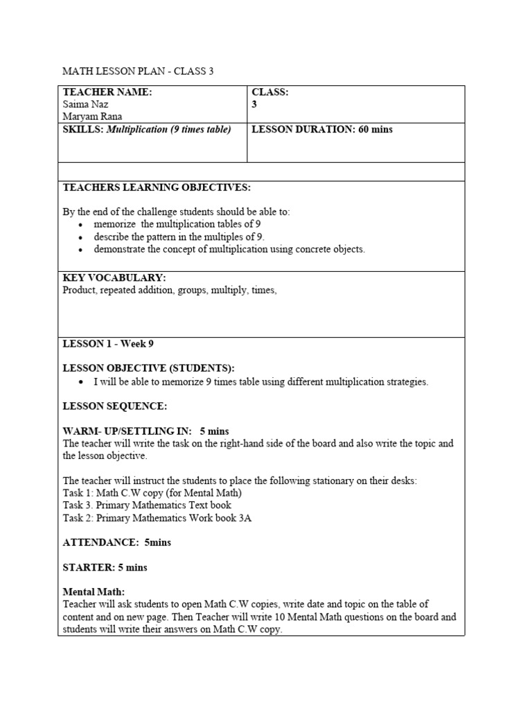 Grade 3 Planner (Week 9) | PDF | Multiplication | Lesson Plan