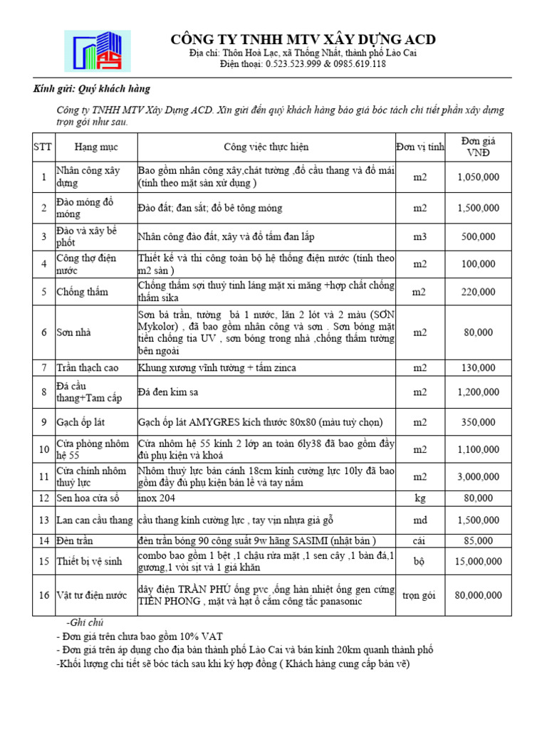 Báo Giá Xây Dựng Acd | PDF