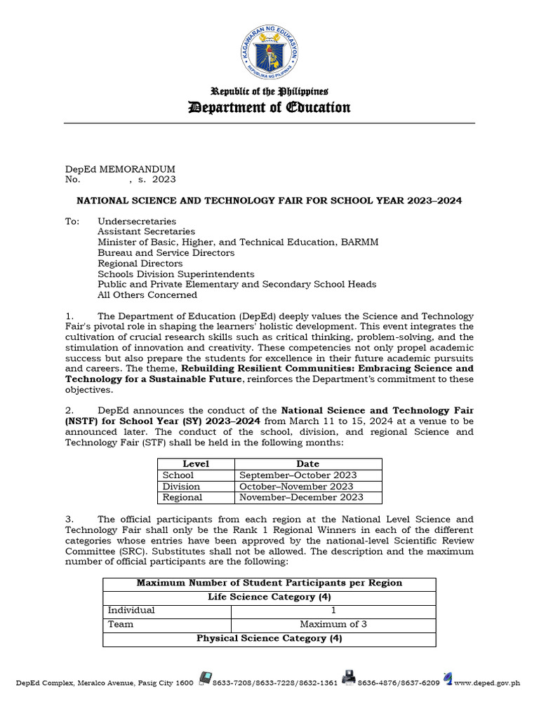 DepEd Memo NSTF National Science and Technology Fair For SY 2023 2024 ...