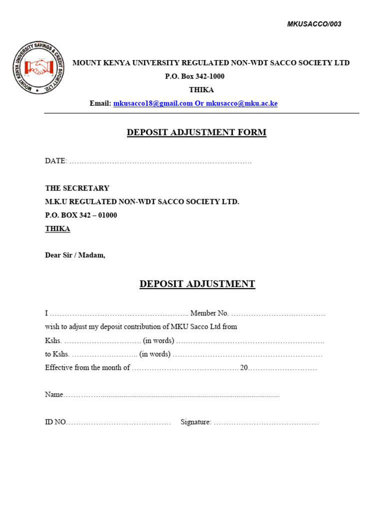 MKU SACCO Deposit Adjustment Form | PDF