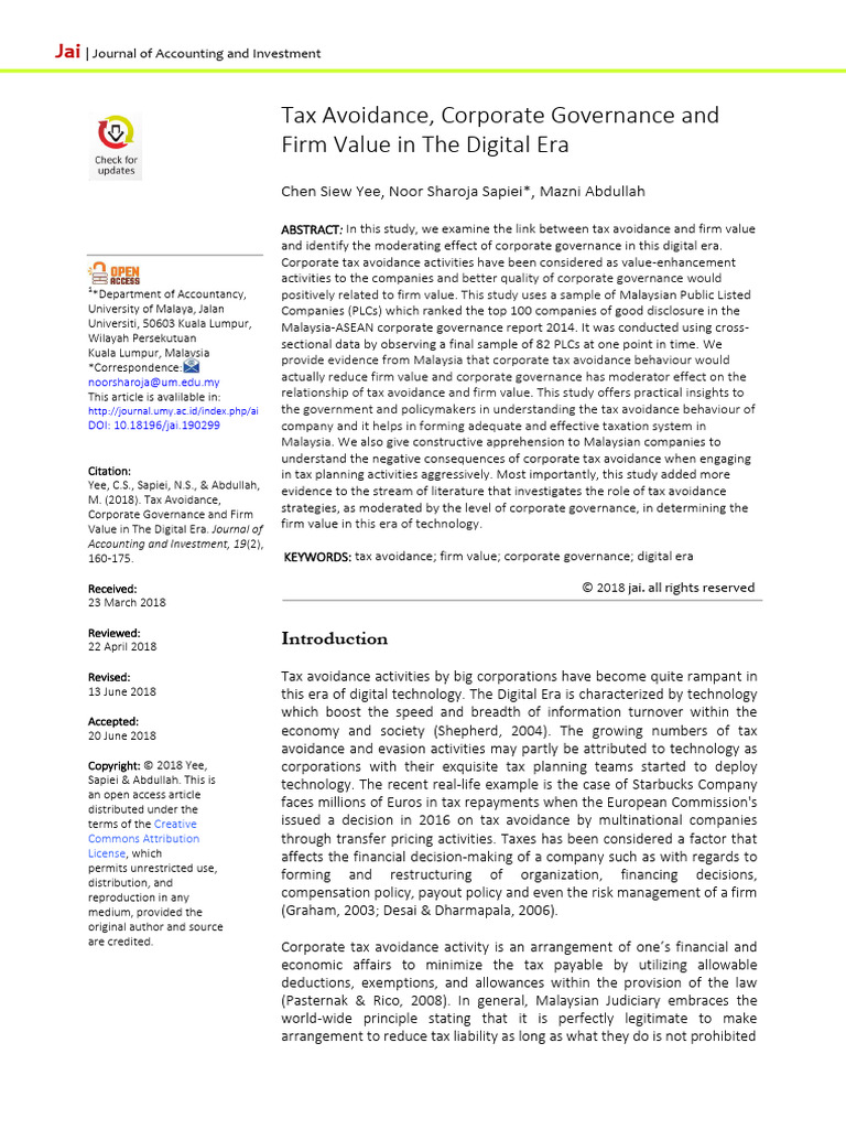 Tax Avoidance, Corporate Governance and Firm Value in The Digital Era ...