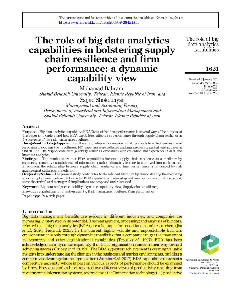 The Role of Big Data Analytics Capabilities in Bolstering Supy Chain ...