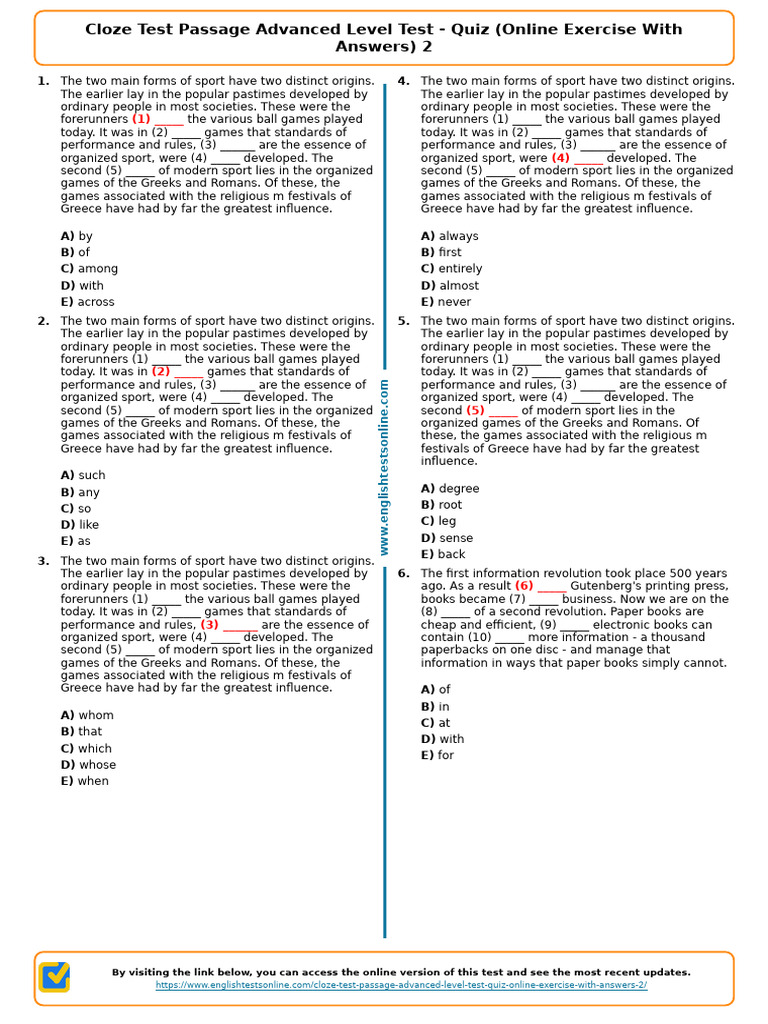 366 - Cloze Test Passage Advanced Level Test Quiz Online Exercise With ...