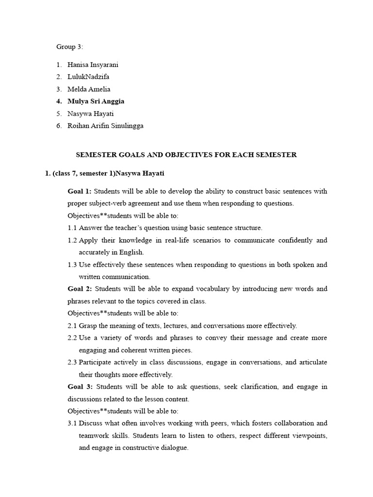 Semester Goals and Objectives | PDF | Communication | Conversation