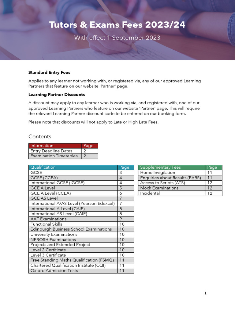Examination Entry Fees and Deadlines | PDF