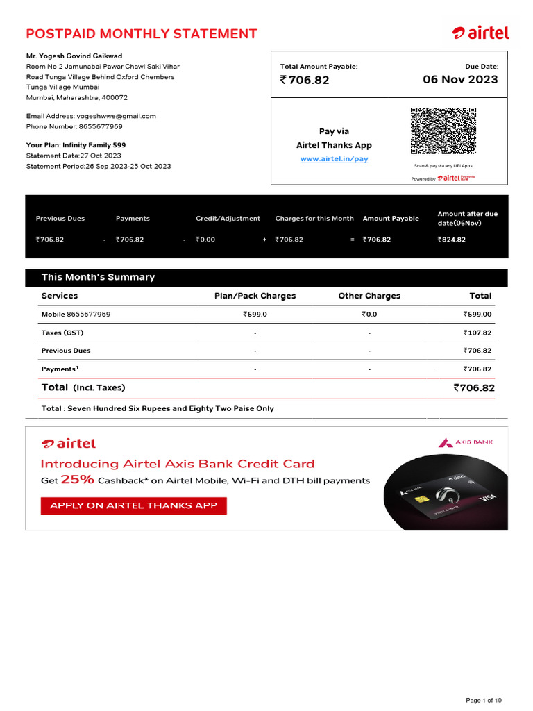 Postpaid Bill for Yogesh Gaikwad | PDF | Payments | Cheque