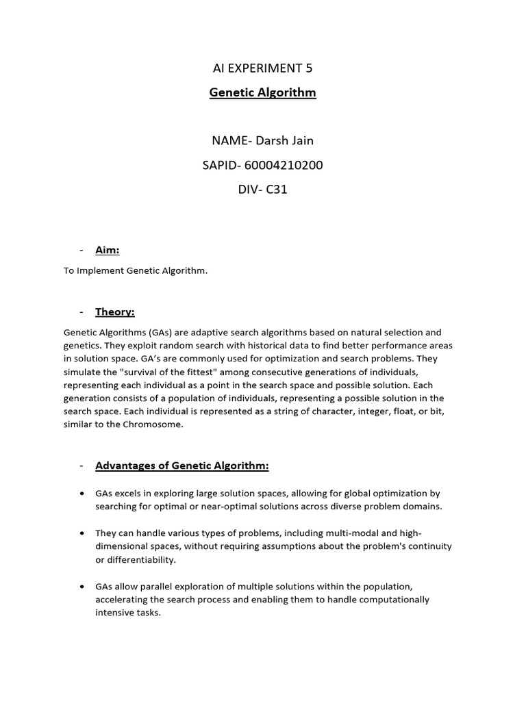 AI Exp5 Darshjain 60004210200 C31 | PDF | Genetic Algorithm | Mathematical Optimization
