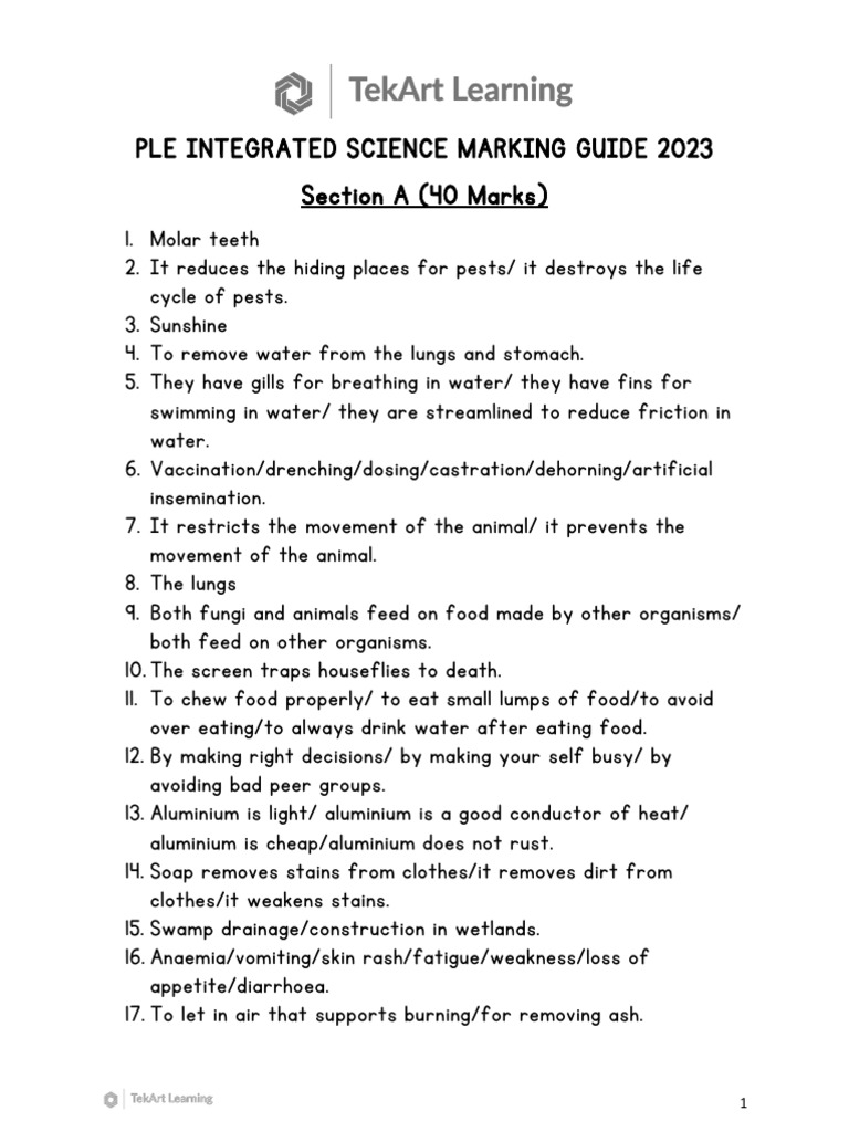Ple Integrated Science Marking Guide 2023 Section A (40 Marks) | PDF ...