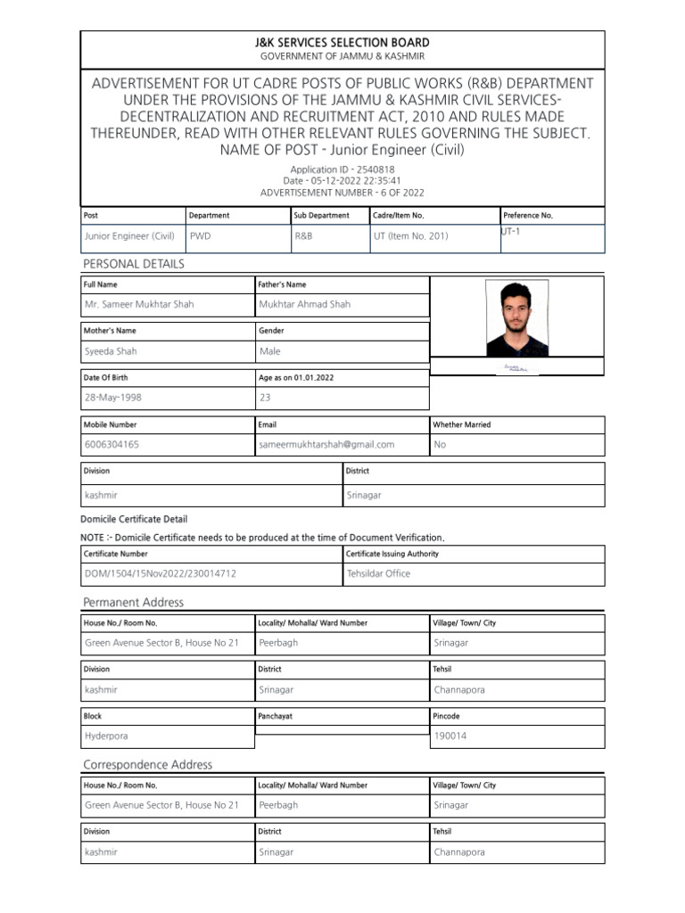 Services Selection Board - Jammu & Kashmir | PDF | Common Law | Public Law