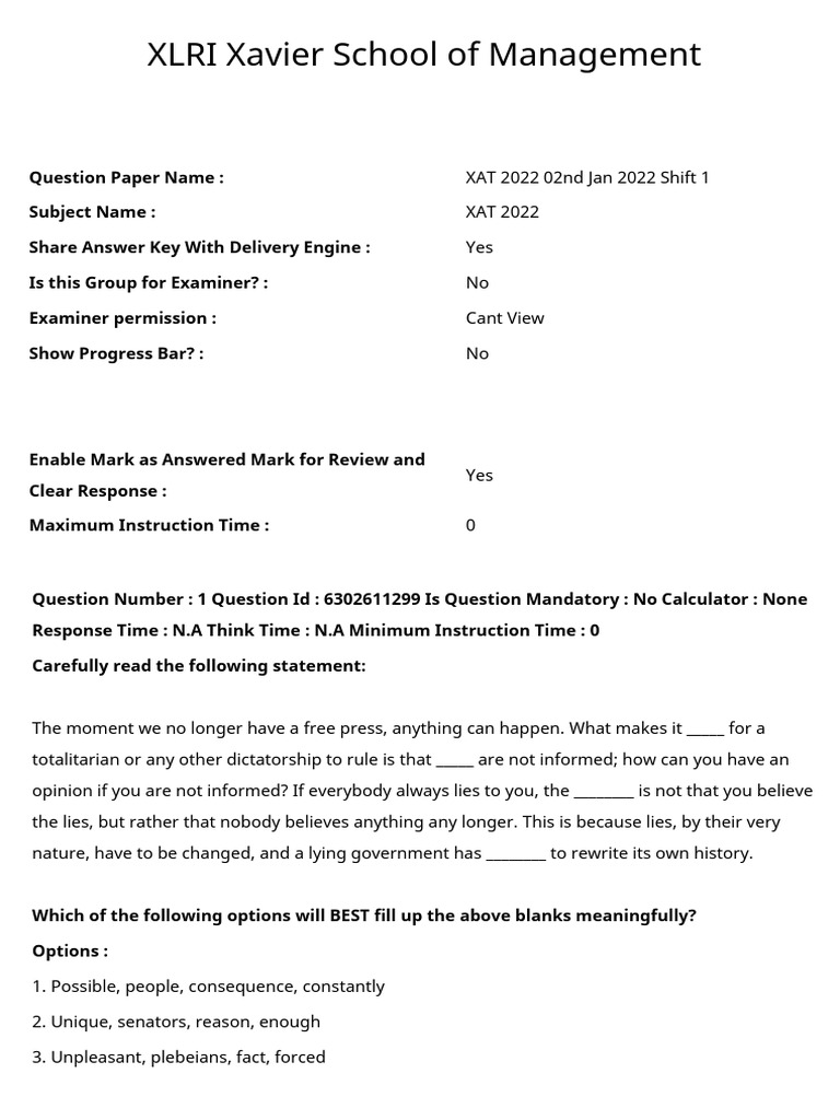 XAT 2022 02nd Jan 2022 Shift 1 | PDF | Pleasure | Truth