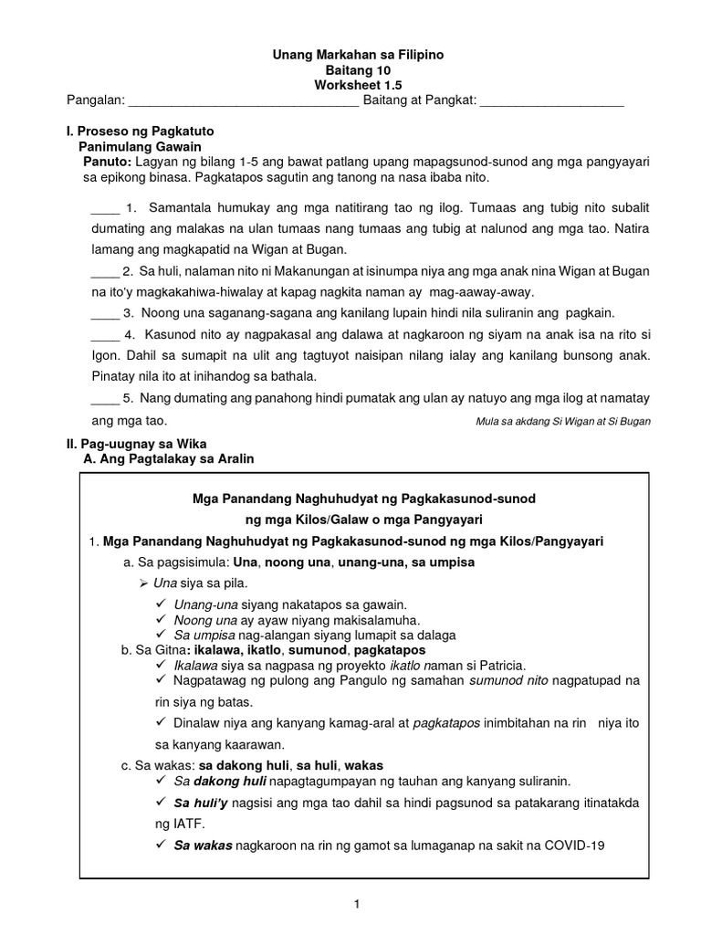 Worksheet1.5 Hudyat Sa Pagkakasunod Sunod NG Pangyayari | PDF