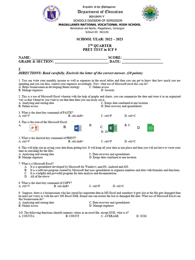 Icf 8 Q2 Quiz No 1 Pdf Microsoft Excel Computing