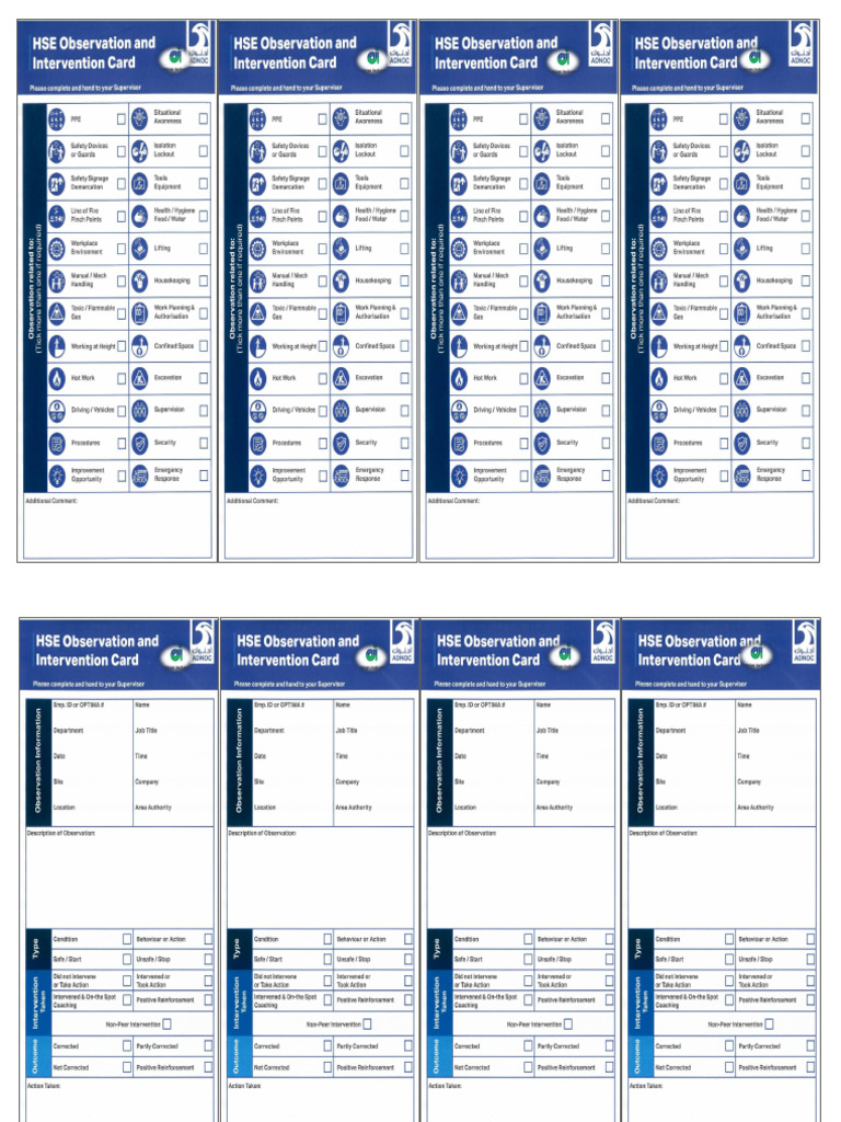 HSE Observation and Intervention Card | PDF