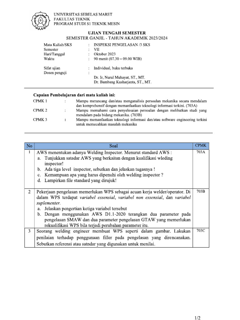 Soal Uts Inspeksi Las | PDF
