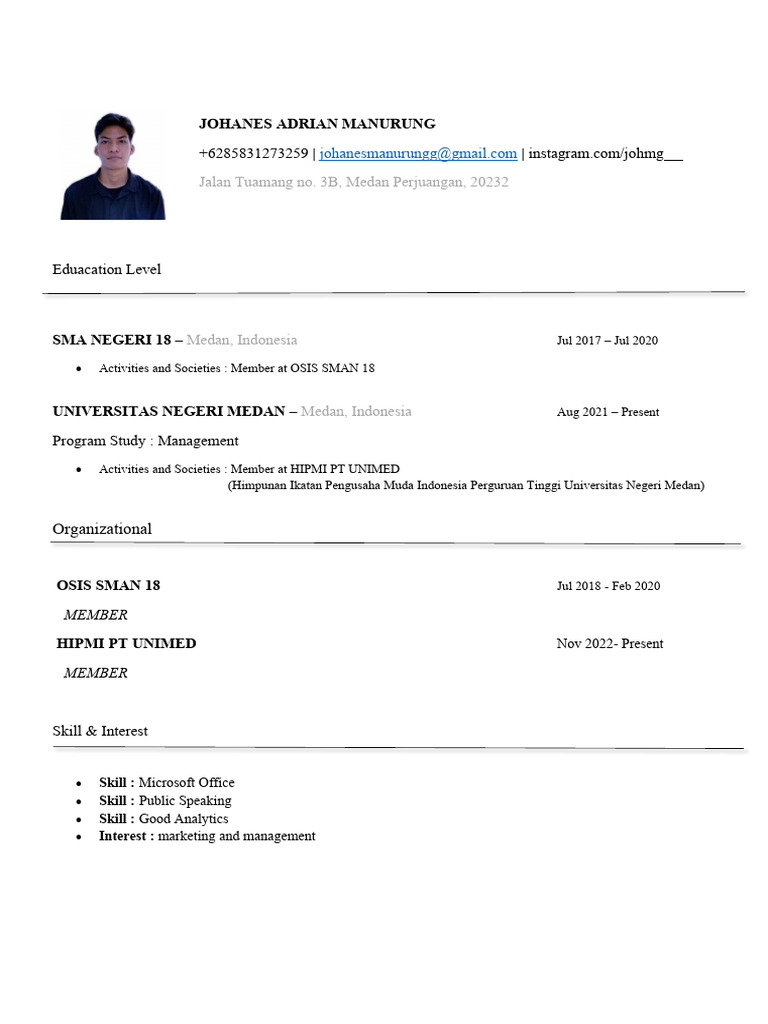CV Johanes Adrian Manurung | PDF