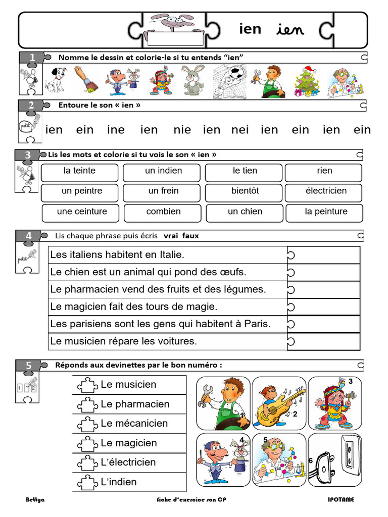 Exercices sur le son "ien" en CP | PDF