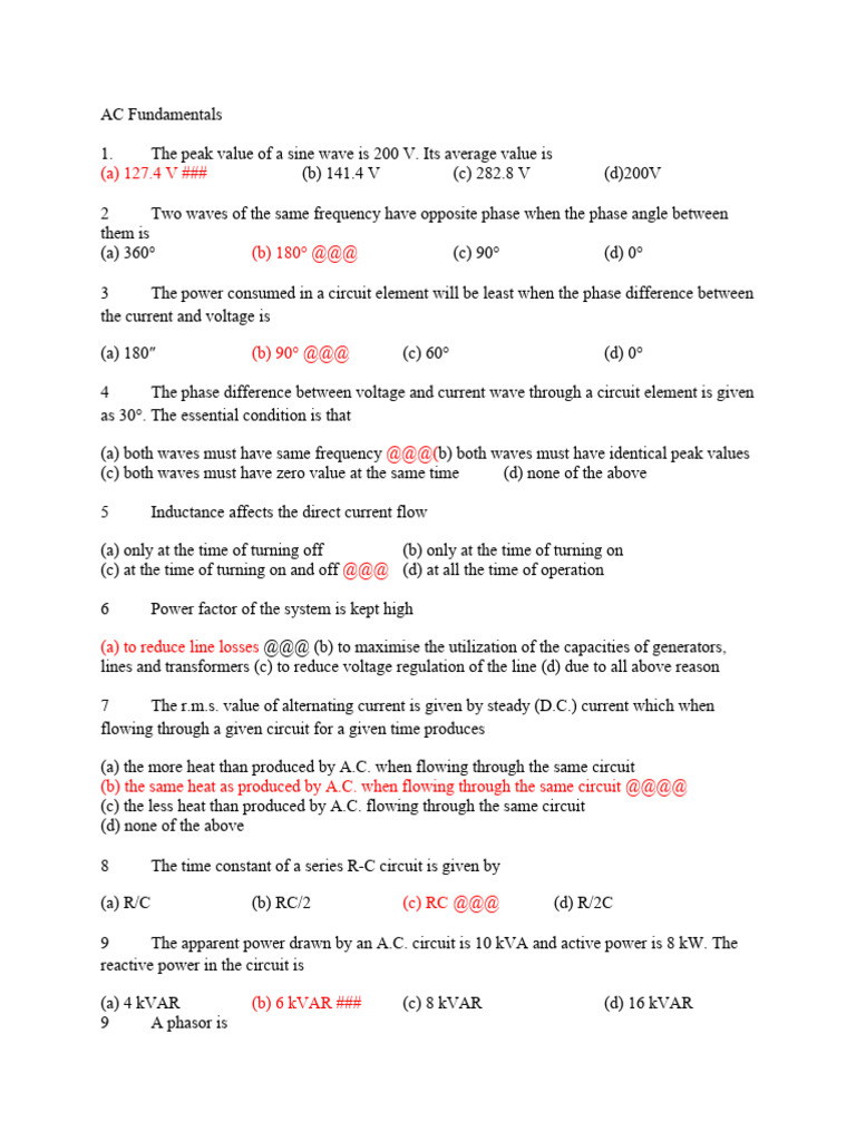 Solution - MCQ - AC Fundamentals | PDF | Ac Power | Electrical Impedance
