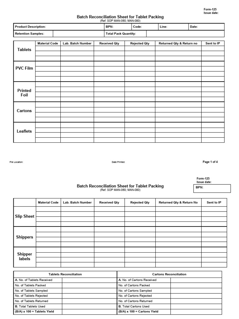 Form 125 Example Batch Reconciliation Sheet For Tablet Packing | PDF