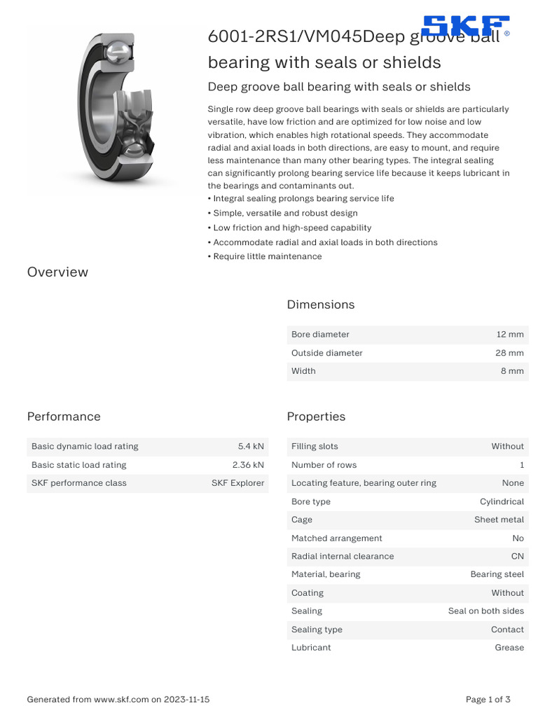 SKF 6001-2RS1 - VM045Deep Groove Ball Bearing With Seals or Shields Specification | PDF ...