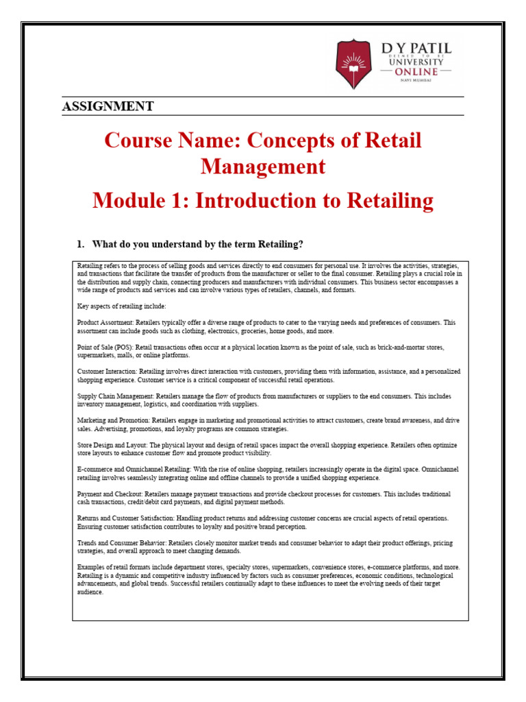Assignment Mod 1 Introduction To Retailing | PDF | Retail | Point Of Sale