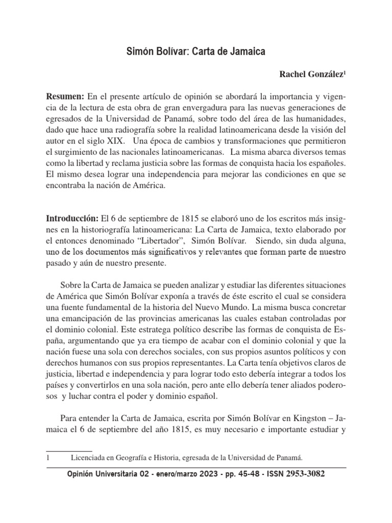 Simon Bolivar Carta de Jamaica | PDF | America latina | Nación