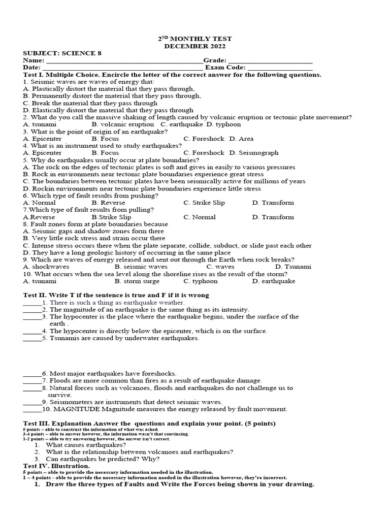 Science 8 December 2022 Monthly Test | PDF | Earthquakes | Fault (Geology)